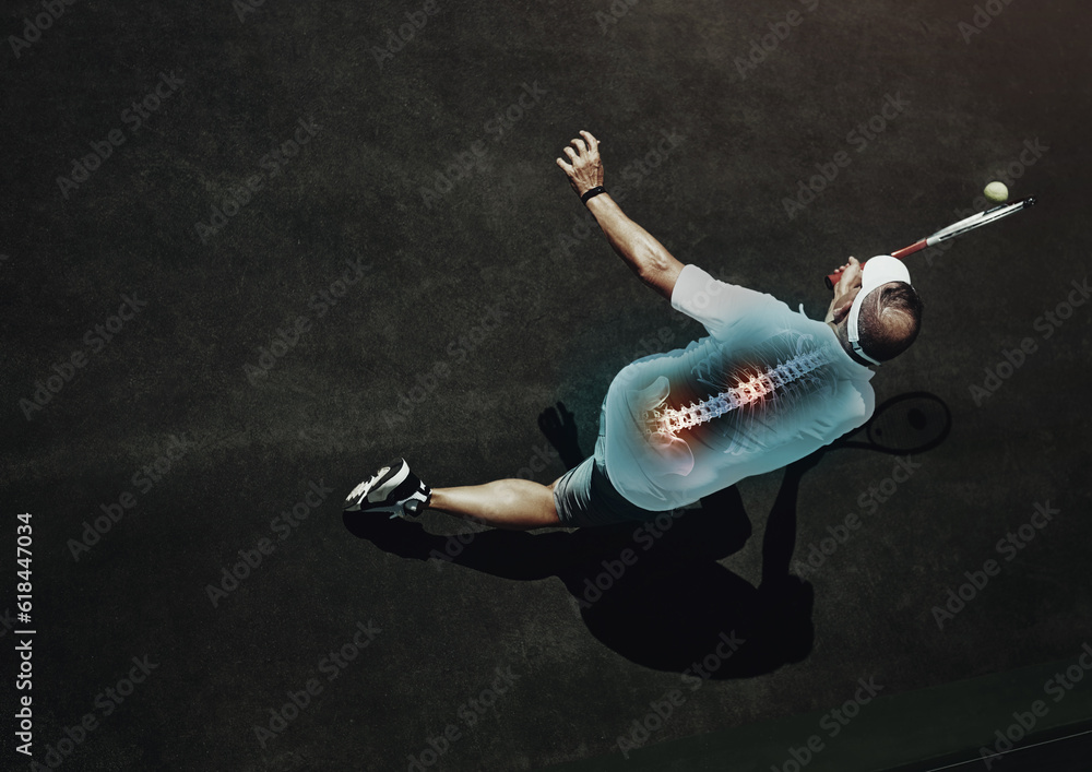 Tennis player man, back pain and game for fitness with red glow overlay ...