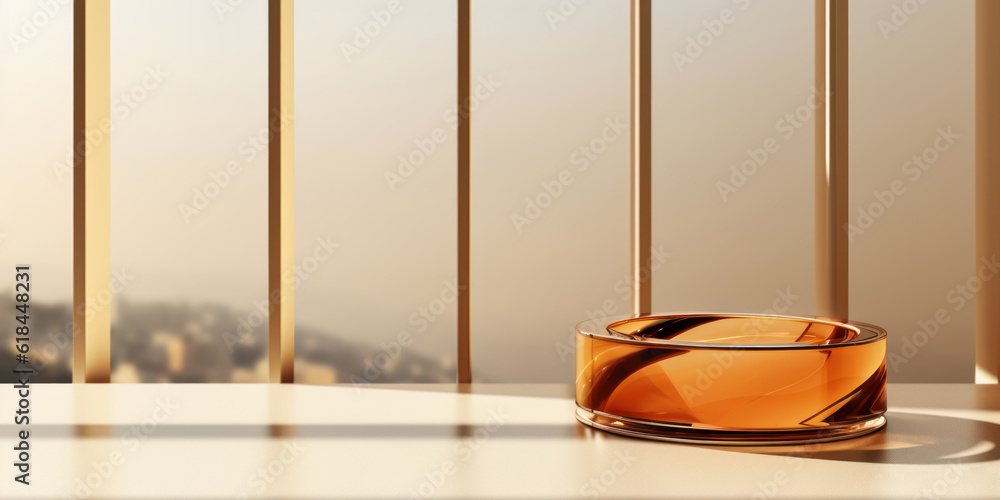 A sleek orange chrome spiral podium table illuminated by sunlight, with ...