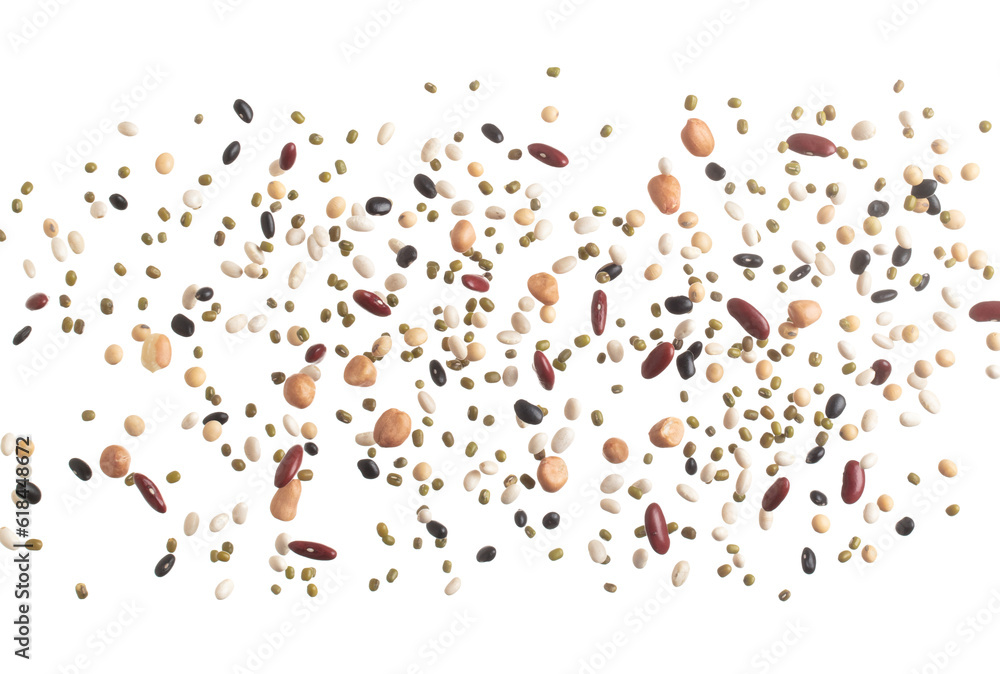 Mix beans fall down explosion, several kind bean float explode, pouring ...