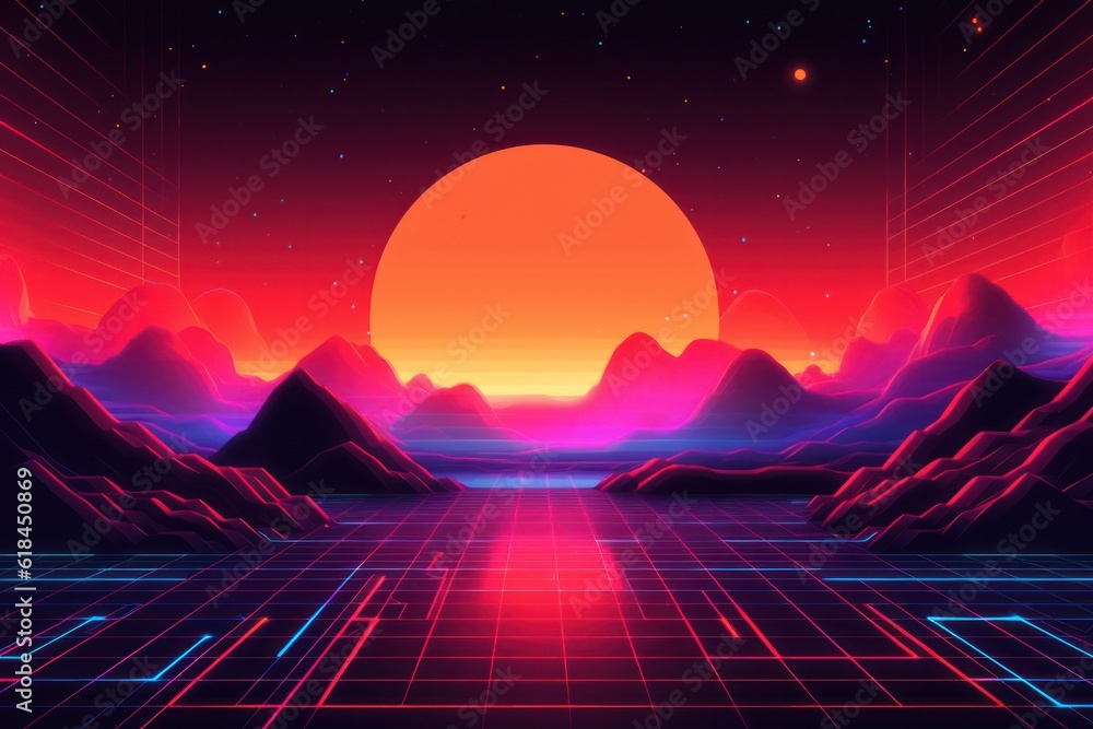 An abstract neon grid landscape with a pixelated sun, showcasing an 80s ...