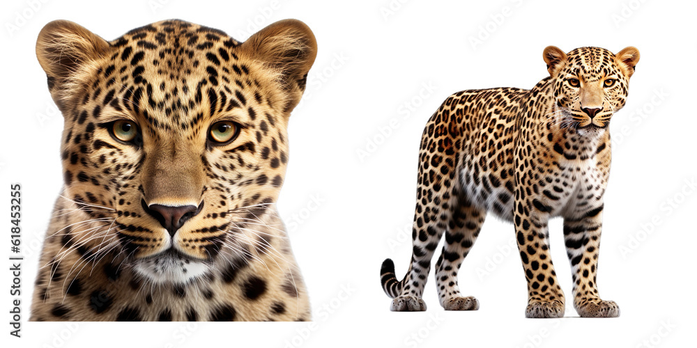 Leopard face shot and full view isolated on transparent png background ...