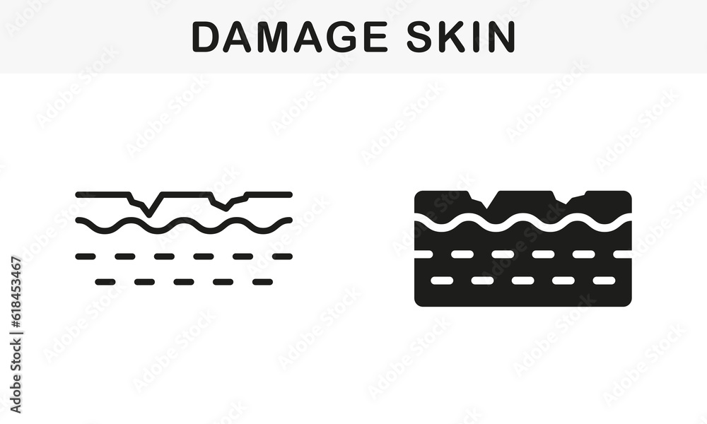 Damage Skin, Dermatology Problem Line and Silhouette Black Icon Set ...