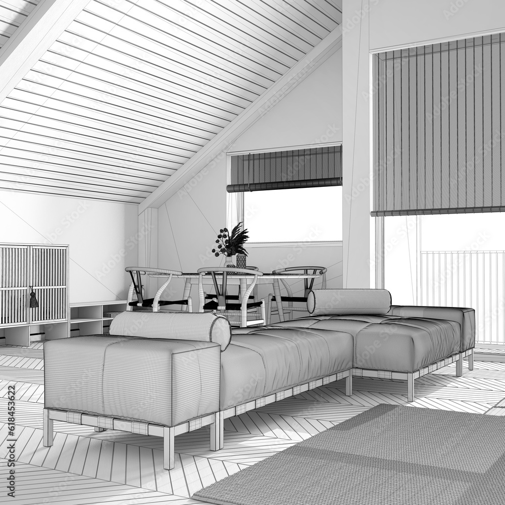 Blueprint unfinished project draft, japandi wooden living room and ...
