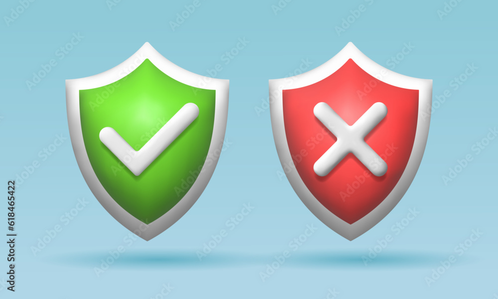 3d red and green shield, checkmark and cross, yes and no button ...