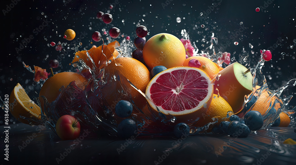 delicious fruit splashes in water and flying in a new dimension, juice ...
