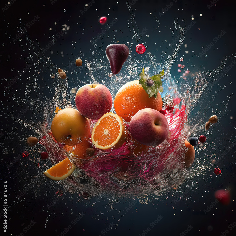 delicious fruit splashes in water and flying in a new dimension, juice ...