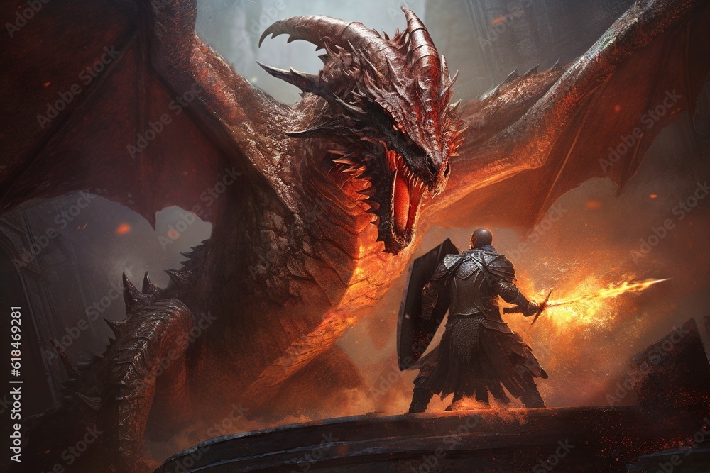 illustration AI de fantaisie, guerrier avec épée et bouclier combat un ...