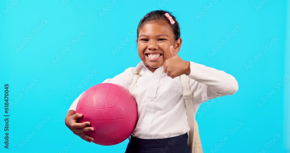 Happy, sports and child with a thumbs up on a blue background for ...