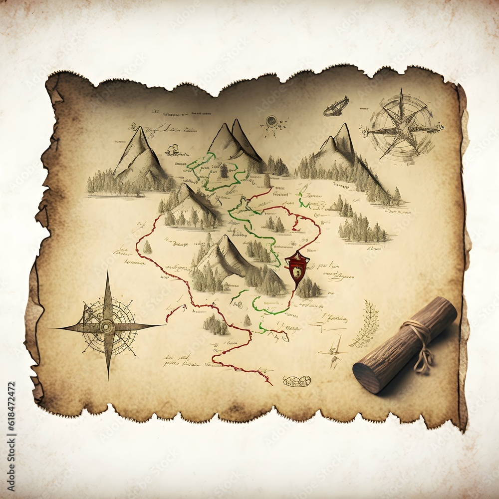 an old treasure map is opened that sketches a forest with a river and ...