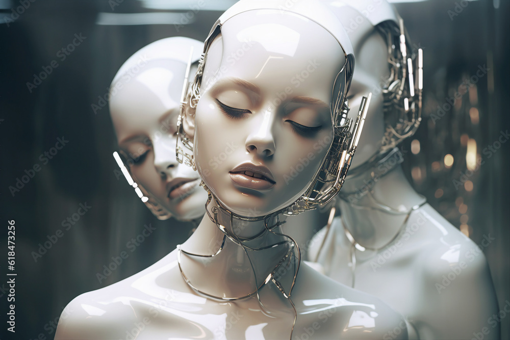 Humanoid woman appearance robots standing close share loading data ...