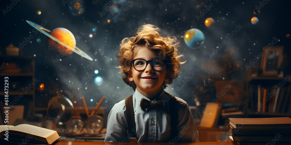Happy schoolboy at school astronomy lesson, dreaming student, fantasy ...