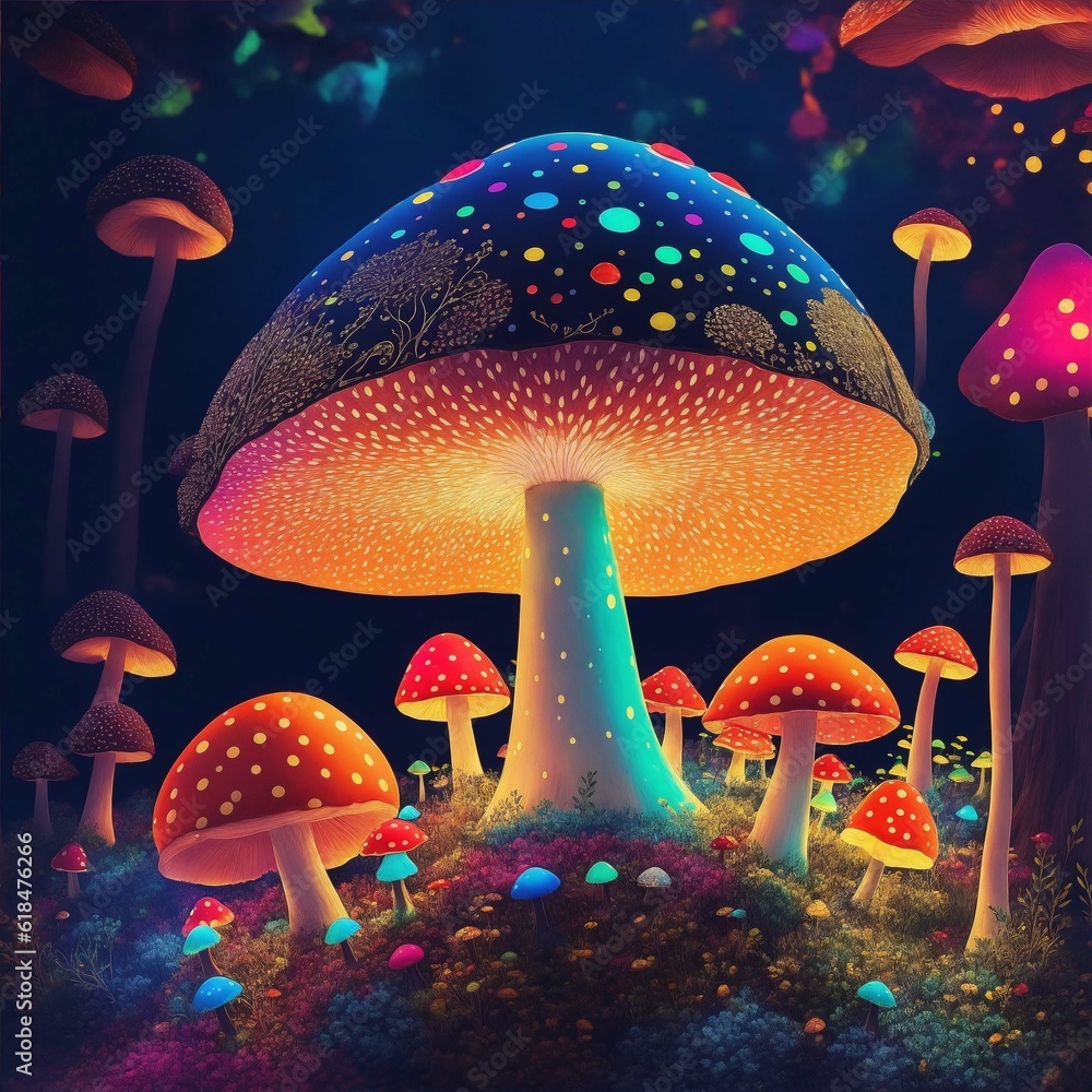group of big mushrooms in summer landscape, their vibrant color hues ...