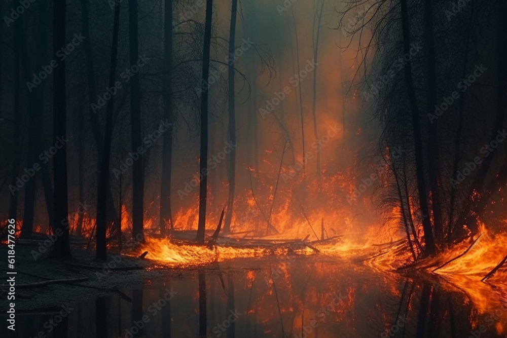 Environment, fire and smoke with forest in nature for deforestation ...