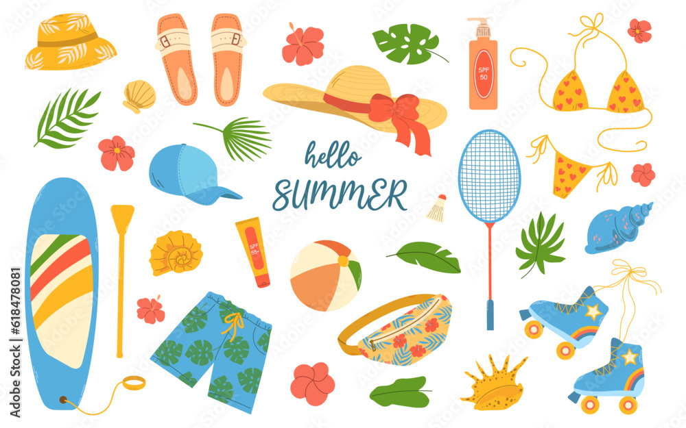 Big set female and male beach summer swimsuits, hats, shoes, bag, cream ...