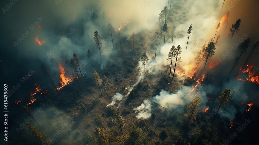 Drone, fire and smoke with forest in nature for deforestation, climate ...