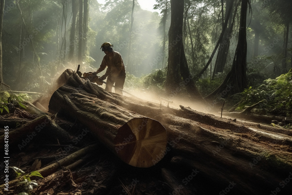 Deforestation, chainsaw and person with forest in nature for climate ...