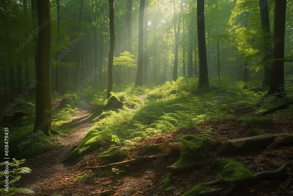 Nature, plants and light with trees in forest for environment ...