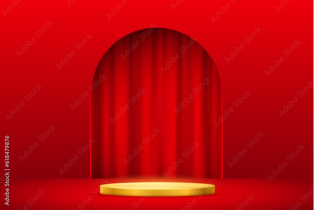 3D luxury golden podium, red curtain in arch of doorway vector ...