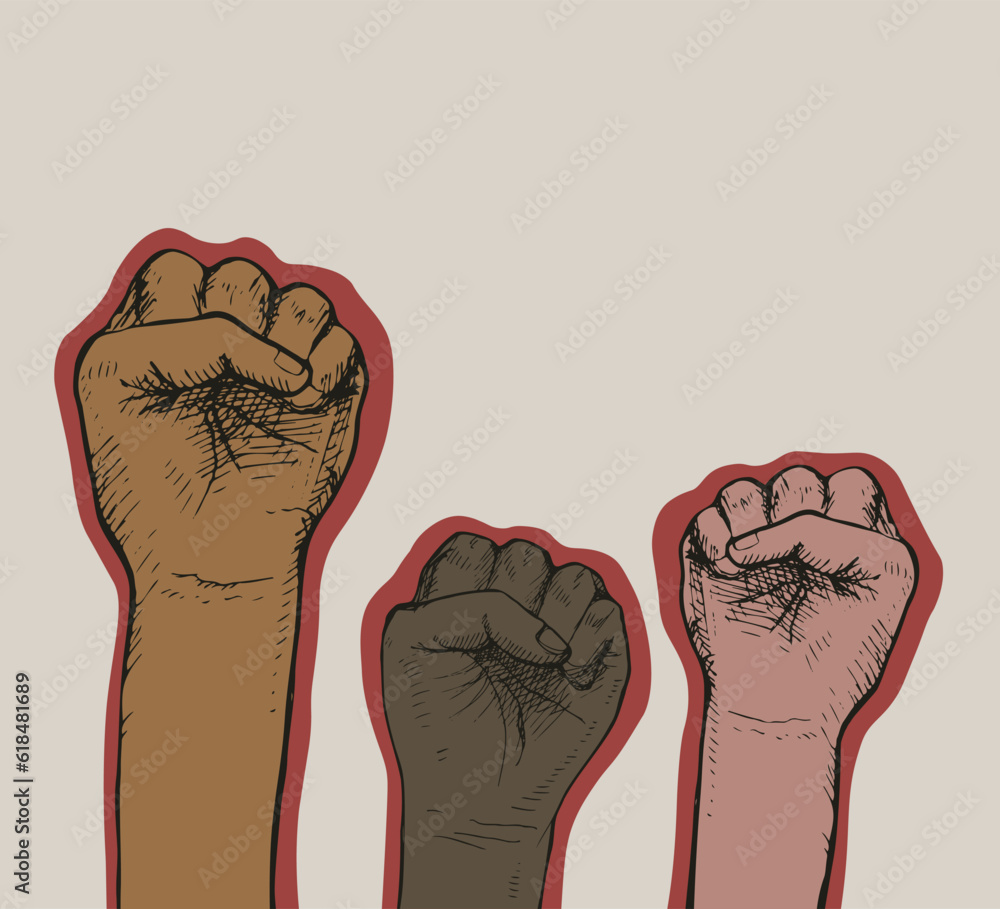 Fists of group of people of different races with raised hands as a ...