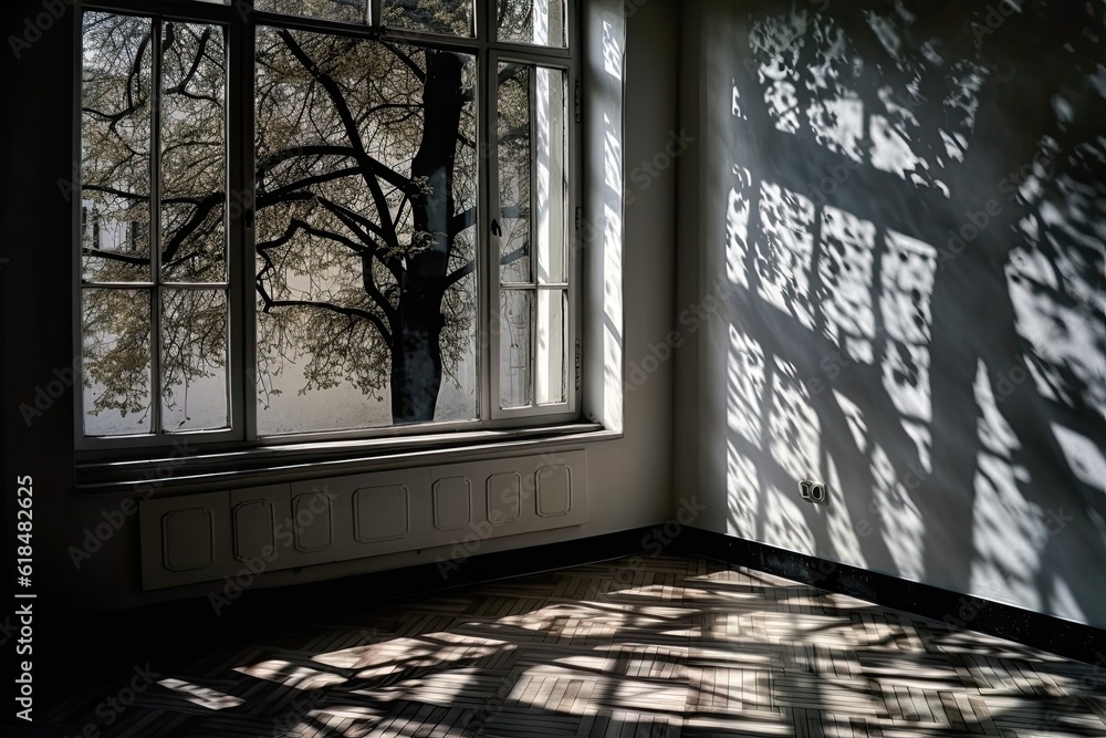 illuminates shadows. Black shadow from the window overlaid with ...