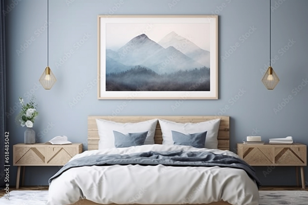 Modern bedrroom with monochrome n dusty blue wall color and mountains ...