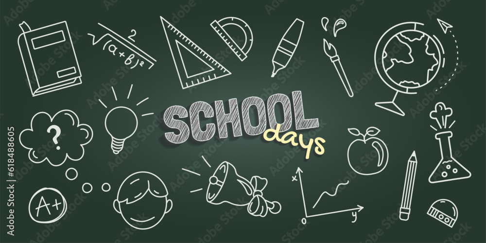 School background with hand drawn linear school supplies and chalk text ...