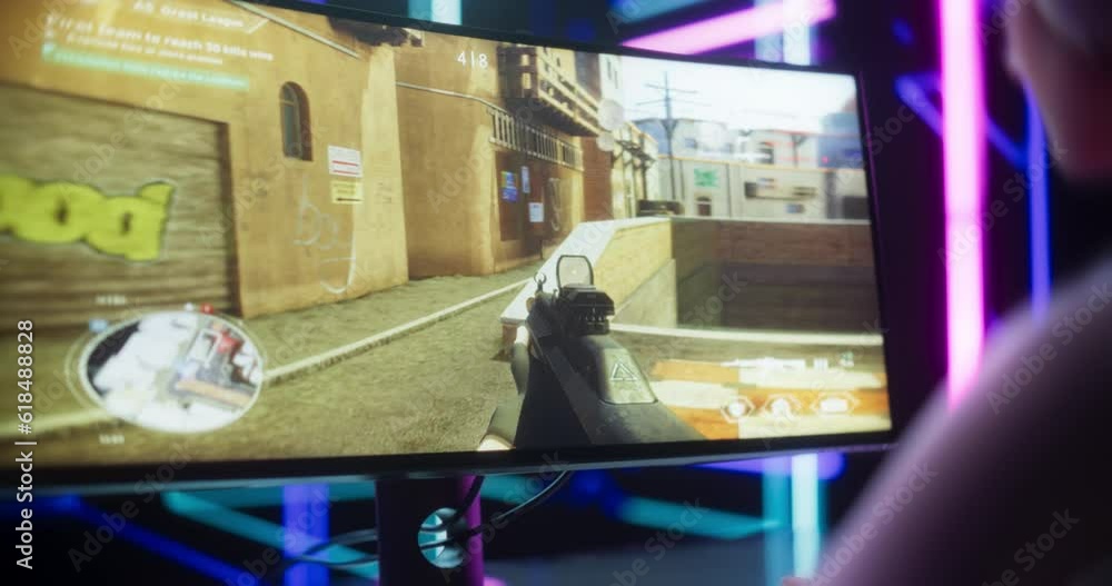 Close Up of a Female Gamer Girl Playing First-Person Shooter Online ...