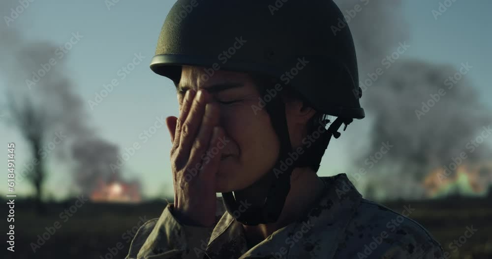 Slow Motion Close Up Portrait of Female Soldier in Distress in a War ...