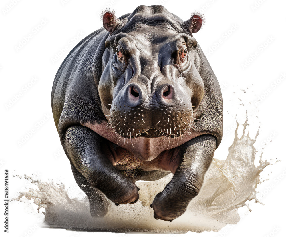 Angry hippopotamus running in water isolated on white background as ...