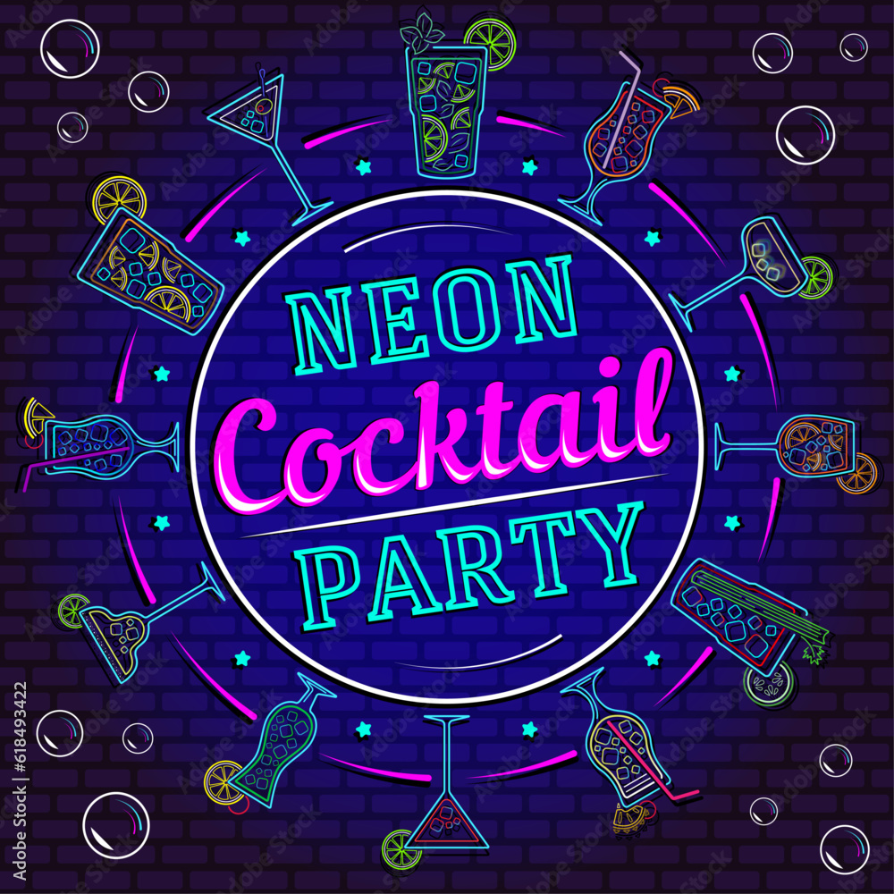 Neon cocktail party. Neon sign "Cocktail Margarita", "Blue Lagoon ...