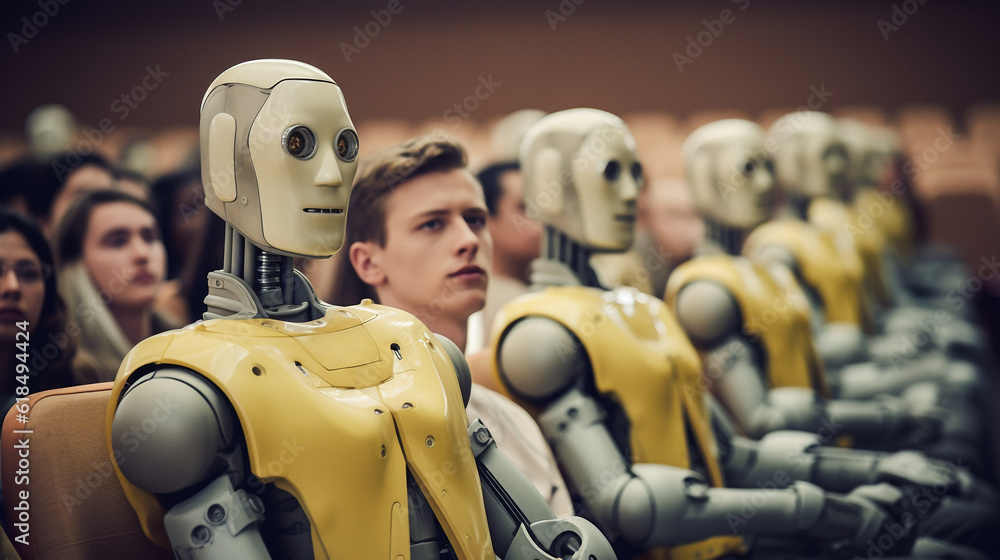 Students and humanoid robots sitting in auditorium. Concept of future ...