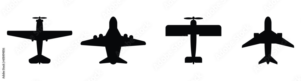Top view of plane silhouette icon set. Vector illustration isolated on ...