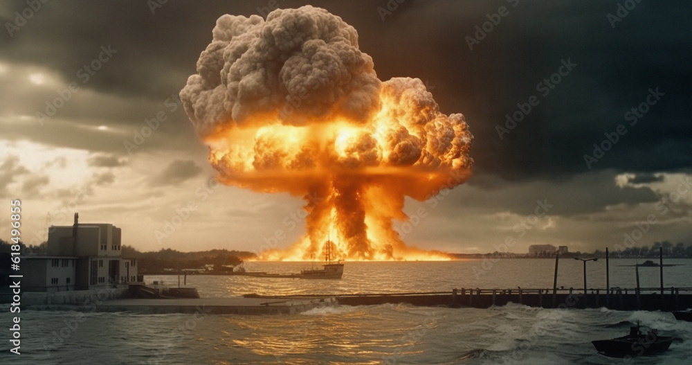 Disaster, apocalypse and nuclear explosion of bomb in city for battle ...