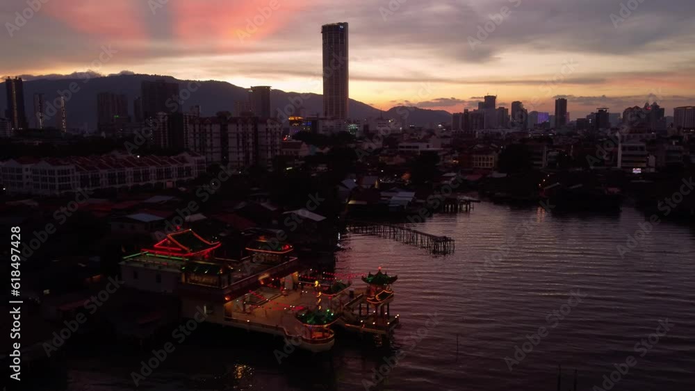 Penang, Malaysia: Aerial drone footage of the Georgetown seafront area ...