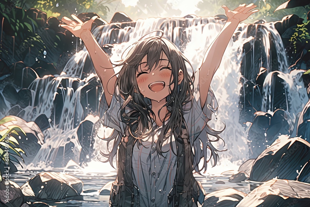 Anime girl under a waterfall, ultra wide angle, arms up to the water ...