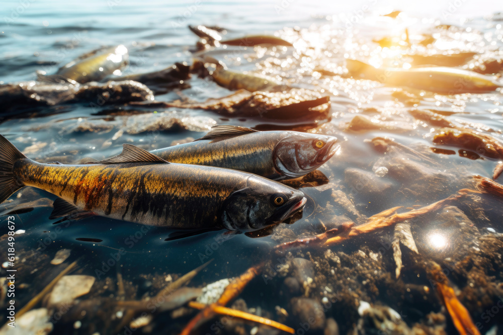 Fish with damage from contact with oil spills. Dead, infected and unfit ...