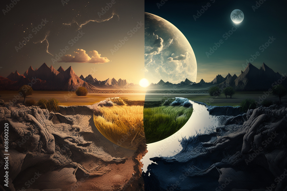 Day and night collage landscape. Fence near the meadow path on the ...