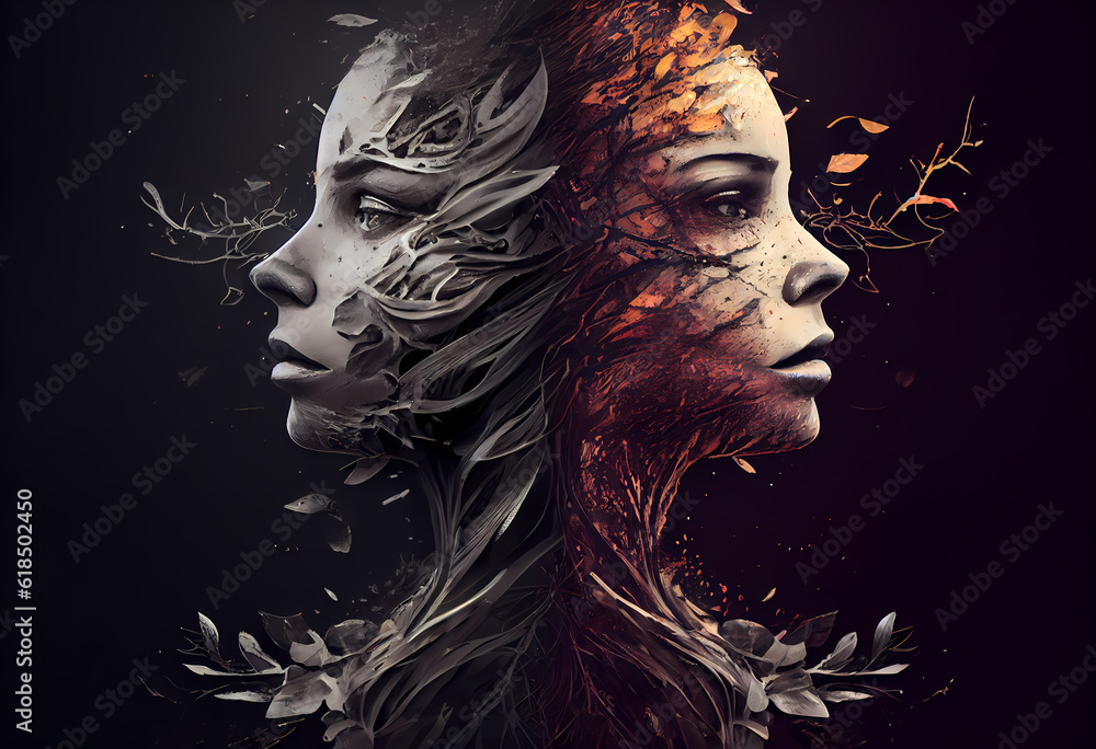 Mental health concept, double face portrait of a woman with bipolar ...