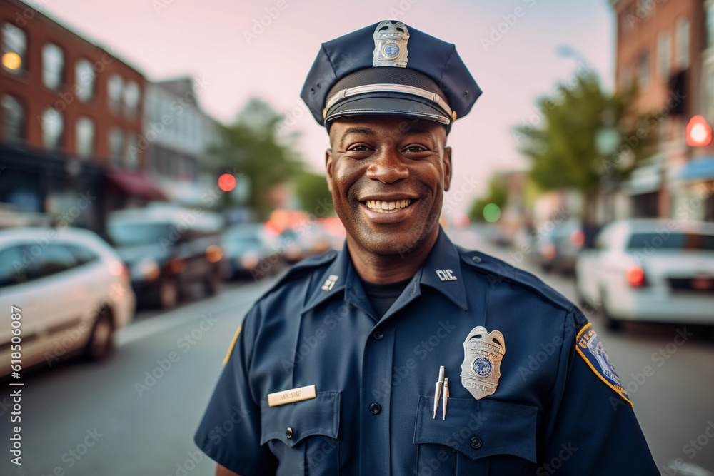 Portrait of a uniformed African American police officer on the street ...
