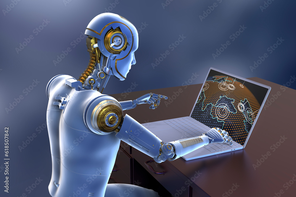 A 3D scientific illustration featuring a humanoid robot engaged in ...
