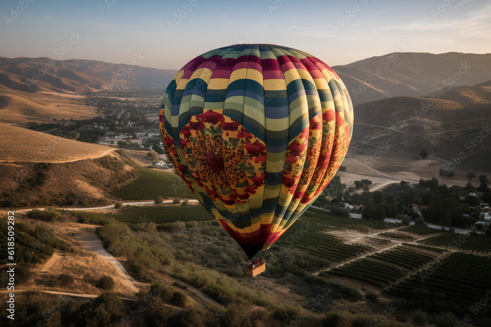 A majestic hot air balloon floating gracefully in the sky, adorned with ...