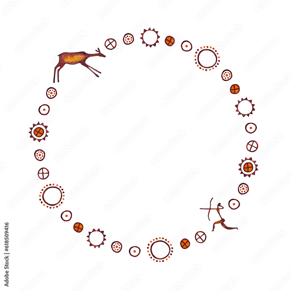 Wreath composed of isolated watercolor set of cave drawings of hunting ...