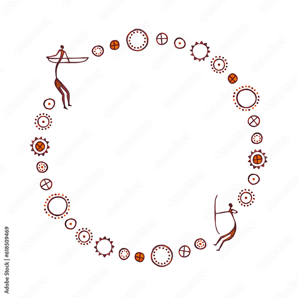 Wreath composed of isolated watercolor set of cave drawings of hunting ...