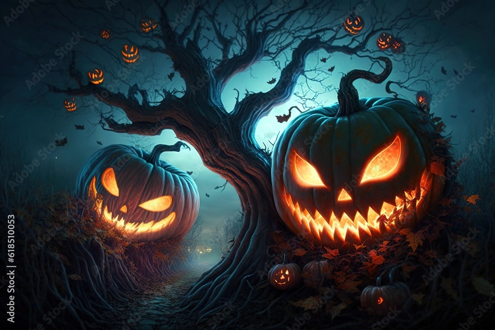 Scary halloween pumpkins and creepy trees on a path in the woods, Dark ...
