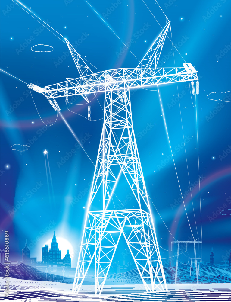 High voltage transmission systems. Electric pole. Neon glow. Energy ...