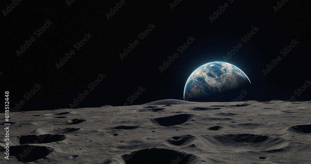 Moon, surface and earth view in space, universe and galaxy for science ...