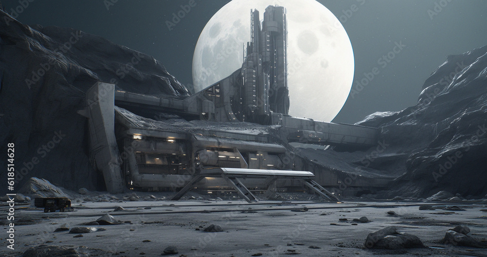 Moon, buildings and futuristic architecture in space for science ...