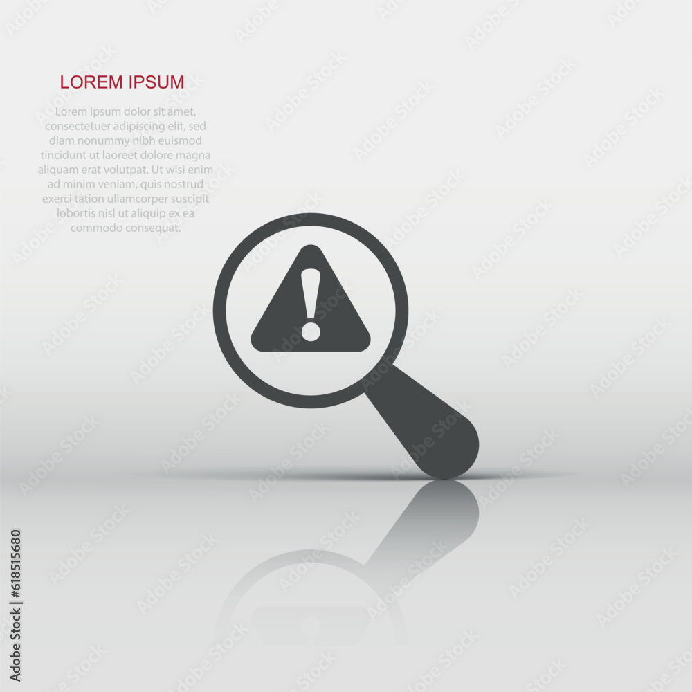 Risk analysis icon in flat style. Exclamation magnifier vector ...