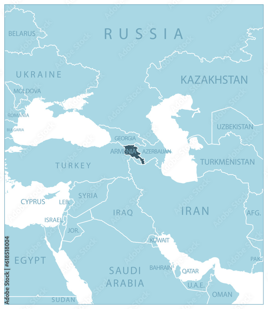 Armenia - blue map with neighboring countries and names. Stock Vector ...