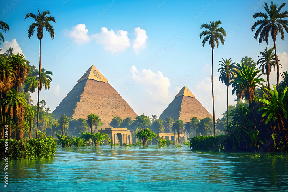 Pyramids in ancient Egypt during the flooding of the Nile. Stock ...